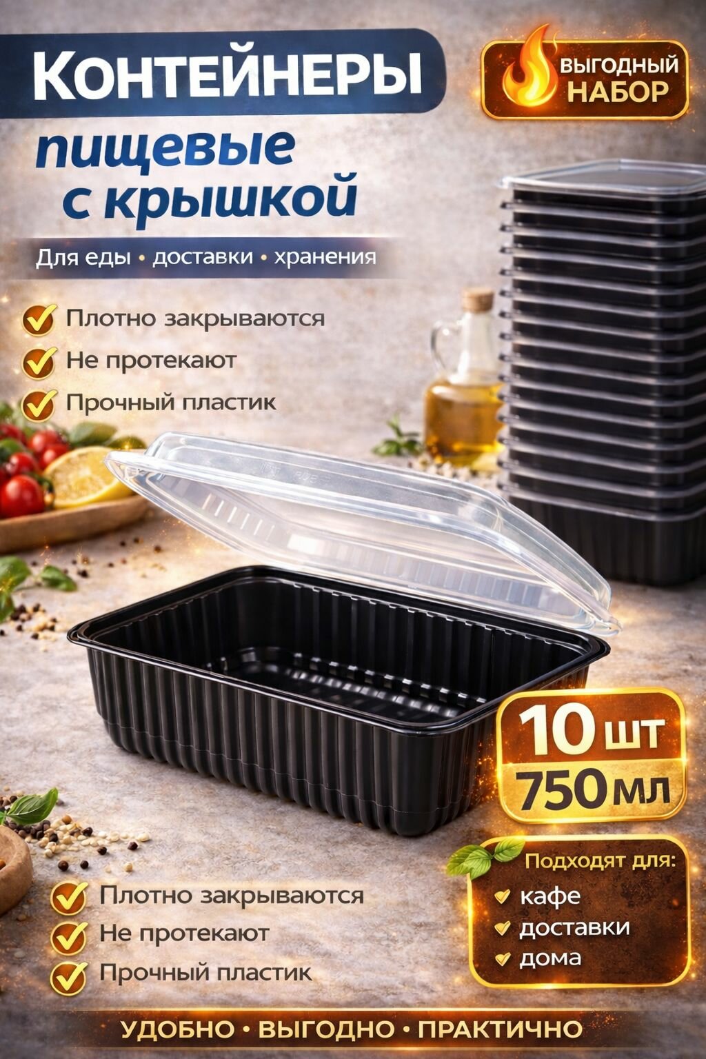 Набор одноразовых контейнеров с крышками, черный, 750мл, 10штук