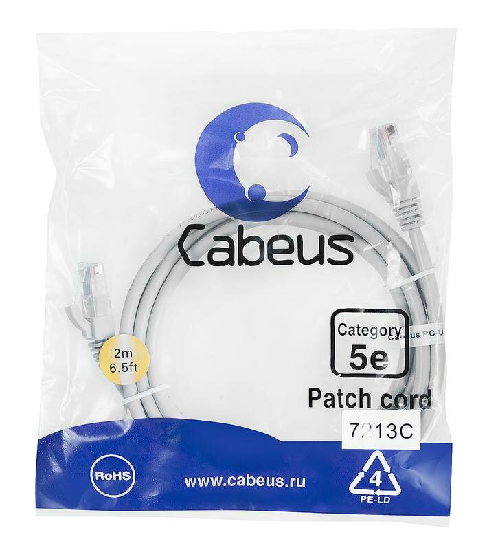 Патч-корд U/UTP PC-UTP-RJ45-Cat.5e-2m 2xRJ45/8p8c кат.5E неэкранир. PVC 2м сер. Cabeus 7213c