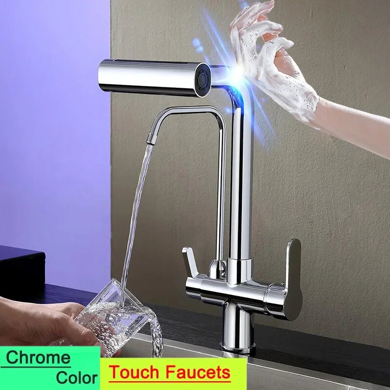 Кран для кухни с фильтром Waterfall Touch из латунья, смесительный кран для кухонного мойки с подъемным дулом, горячая и холодная вода, трехпозиционный сенсорный фильтровальный кухонный кран