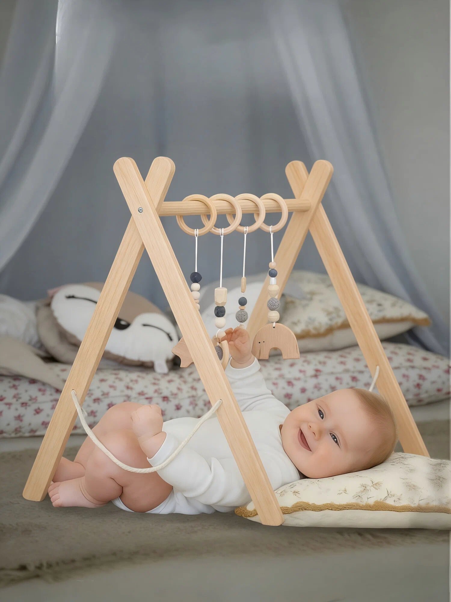 Мобиль для кроватки новорожденных Montessori, деревянная дуга-тренажер с подвесами, развивающая игрушка для стимуляции з