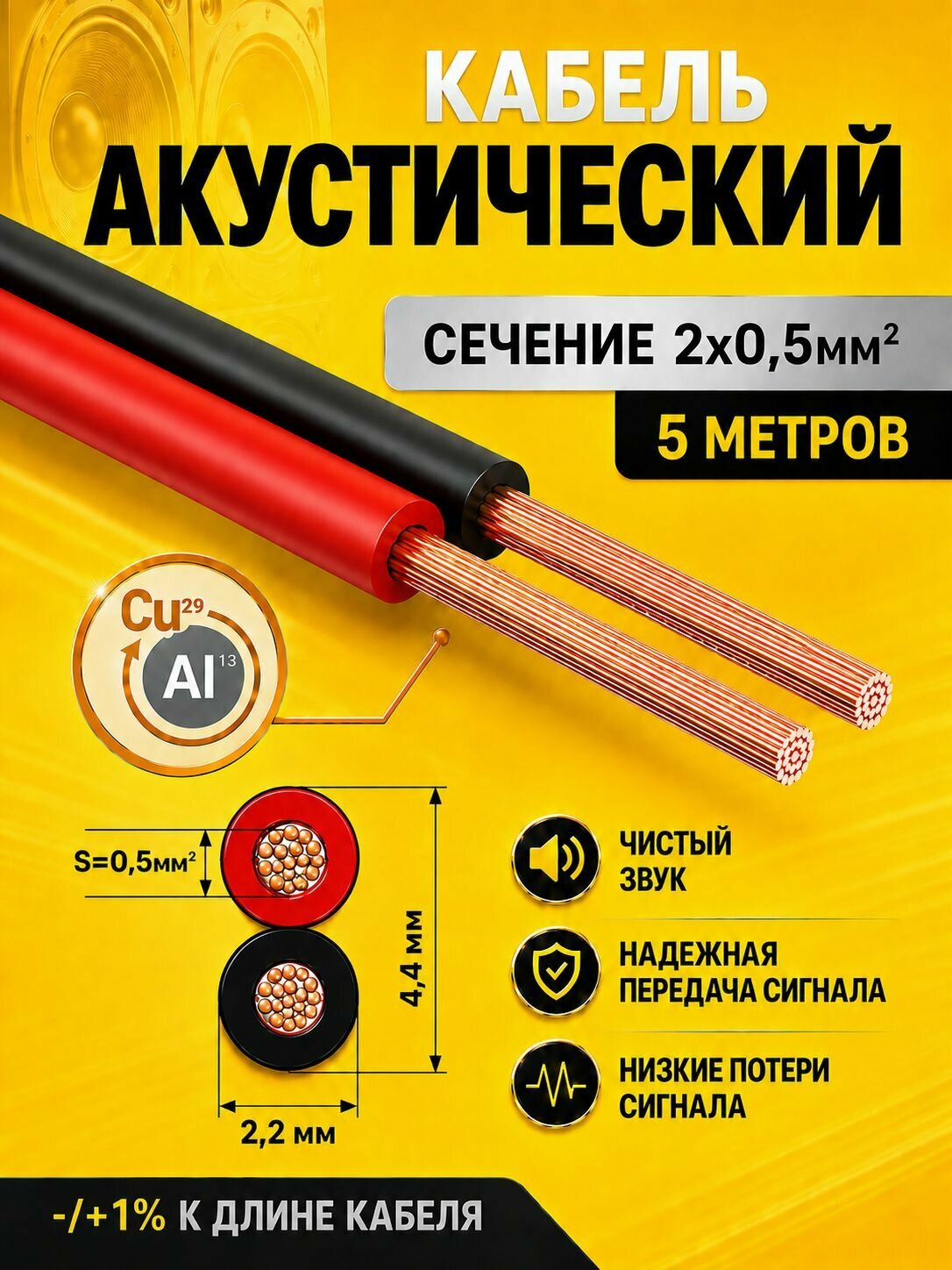 Кабель акустический двужильный 2х0,5 омедненный 5 метров; провода для автозвука; акустический провод швпм