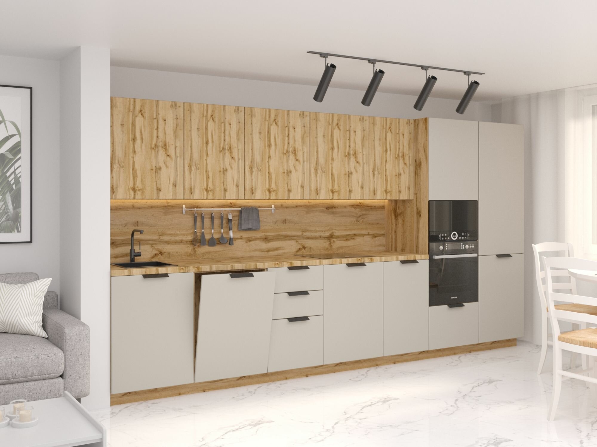Кухонный гарнитур Фьюжн Silky Grey/Флэт Wotan Oak 2S, 4000 мм