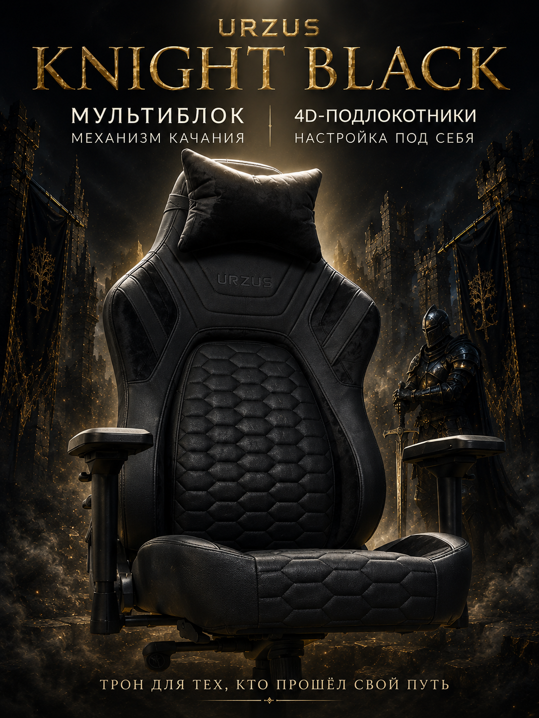 Компьютерное игровое кресло URZUS Knight Black, мультиблок, 4D-подлокотники, наклон спинки, экокожа, черный