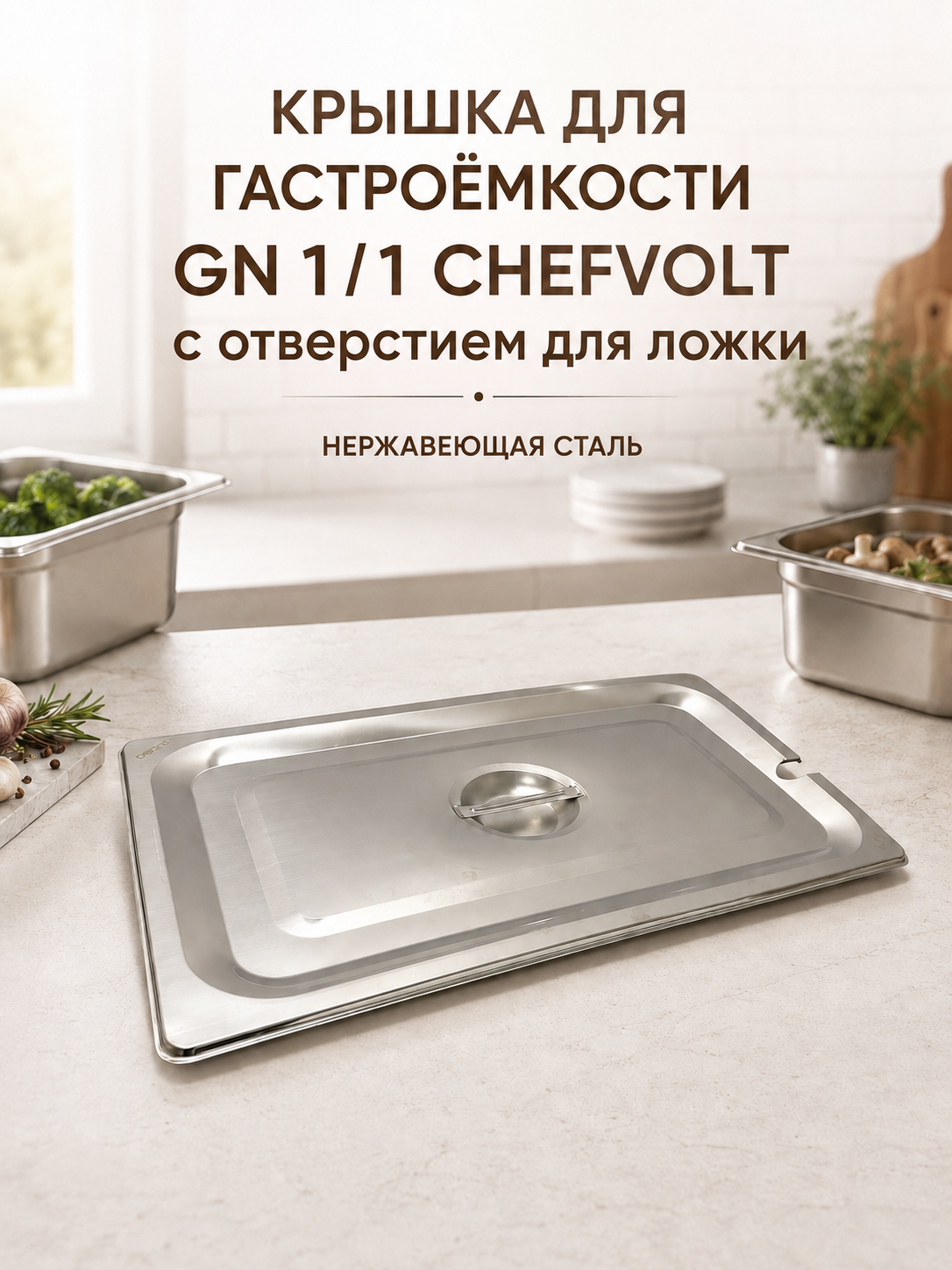 Крышка для гастроемкости GN 1/1, с отверстием для ложки, нержавеющая сталь CHEFVOLT