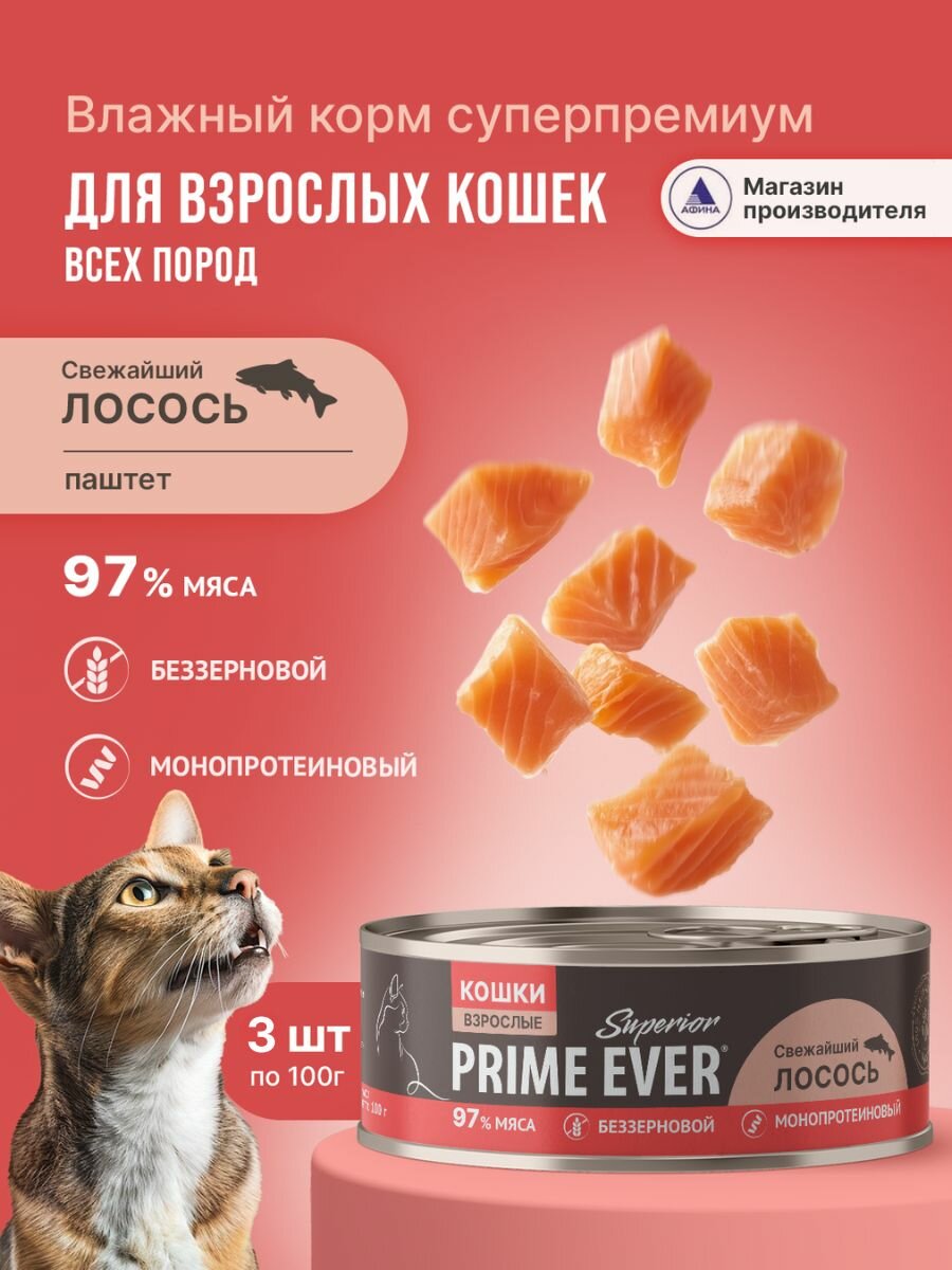 Корм для кошек влажный Prime Ever Superior Wet Cat со свежайшим лососем, 3 шт х 100 г