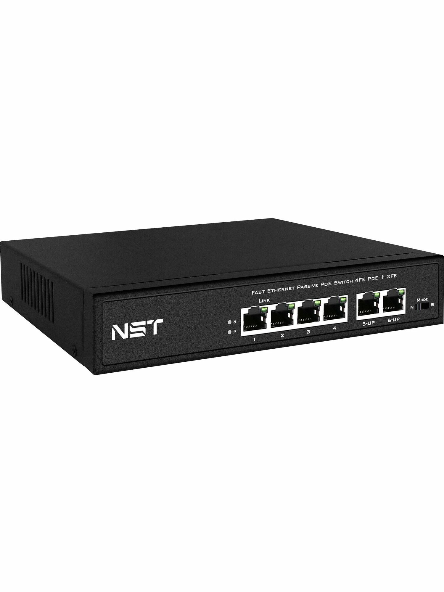 Коммутатор NST NS-SW-4F2F-P/A Fast Ethernet 6 портов 100 Мбит/сек поддержка PoE неуправляемый, черный