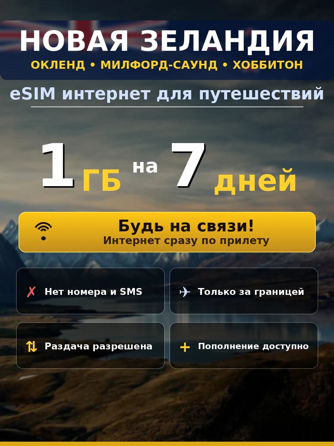 ESIM Новая Зеландия — мобильный интернет 1 ГБ на 7 дней | виртуальная SIM-карта для путешествий