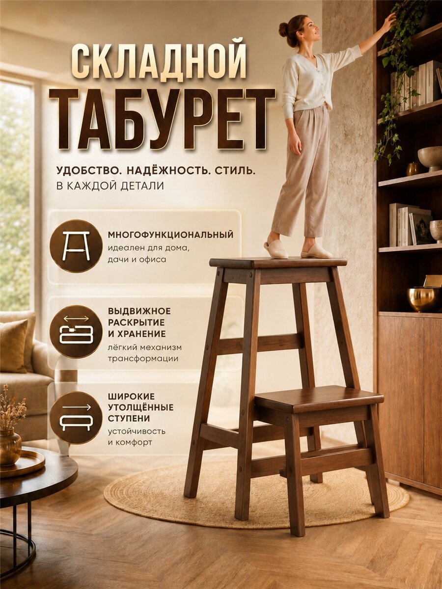 Складной табурет деревянный с широкими ступенями, многофункциональный для дома, дачи и офиса