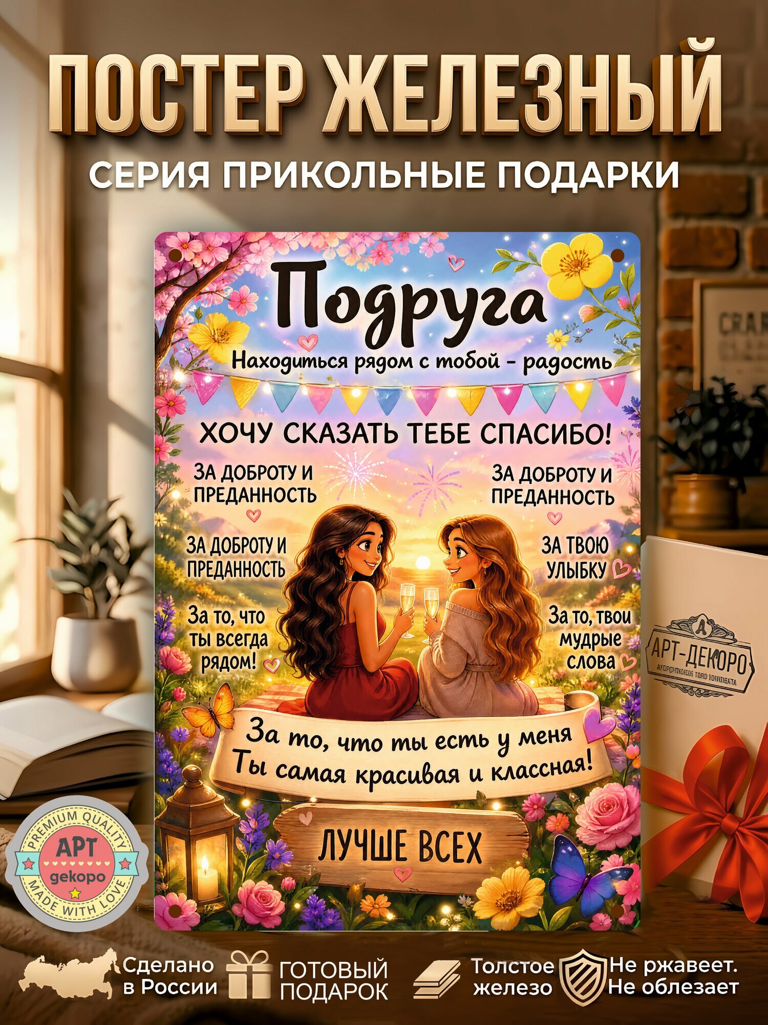 Постер подруге металлический подарок подруге 20 на 30 см, подарочная упаковка в комплекте