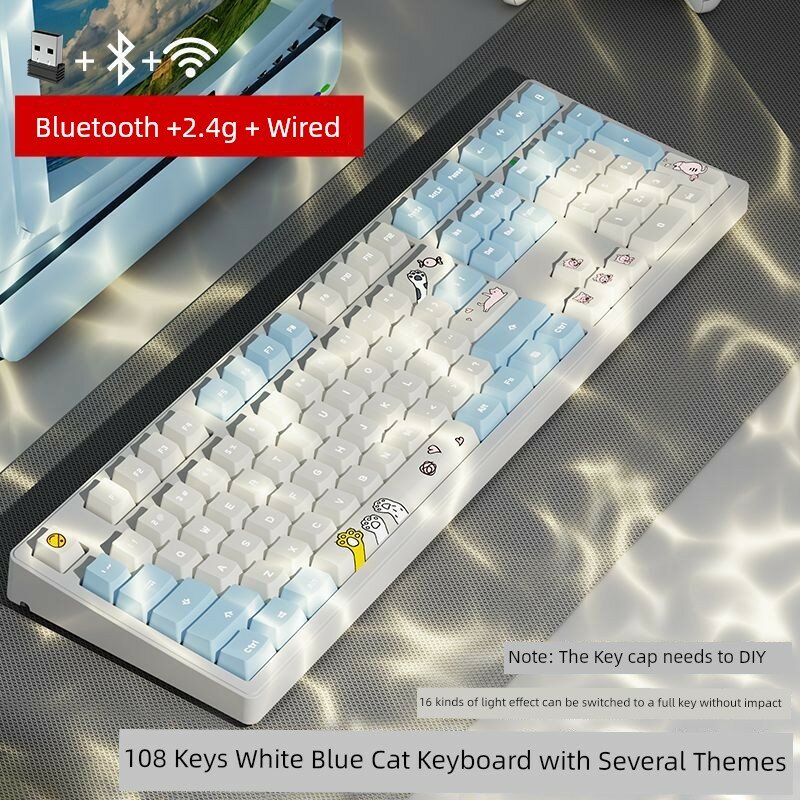 108-клавишная клавиатура с котиками белый-синий в 3-режиме беспроводного Bluetooth