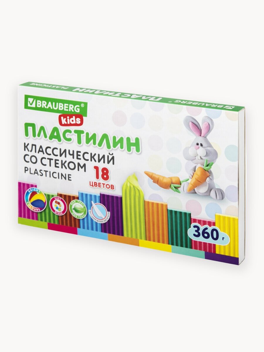 Пластилин классический BRAUBERG KIDS, 18 цветов, 360 г, со стеком, 106510