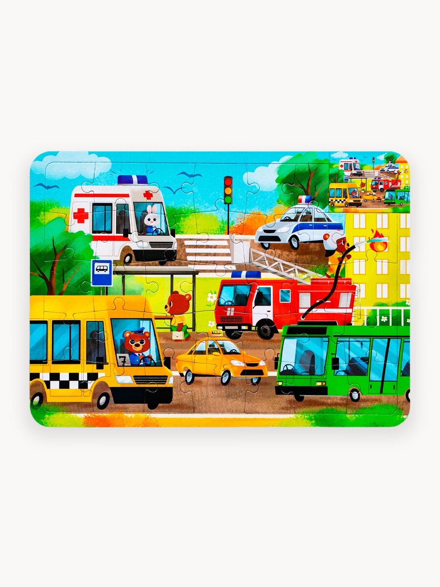 Пазл в рамке "Полезные машины", 34 детали + раскраска, для детей и малышей