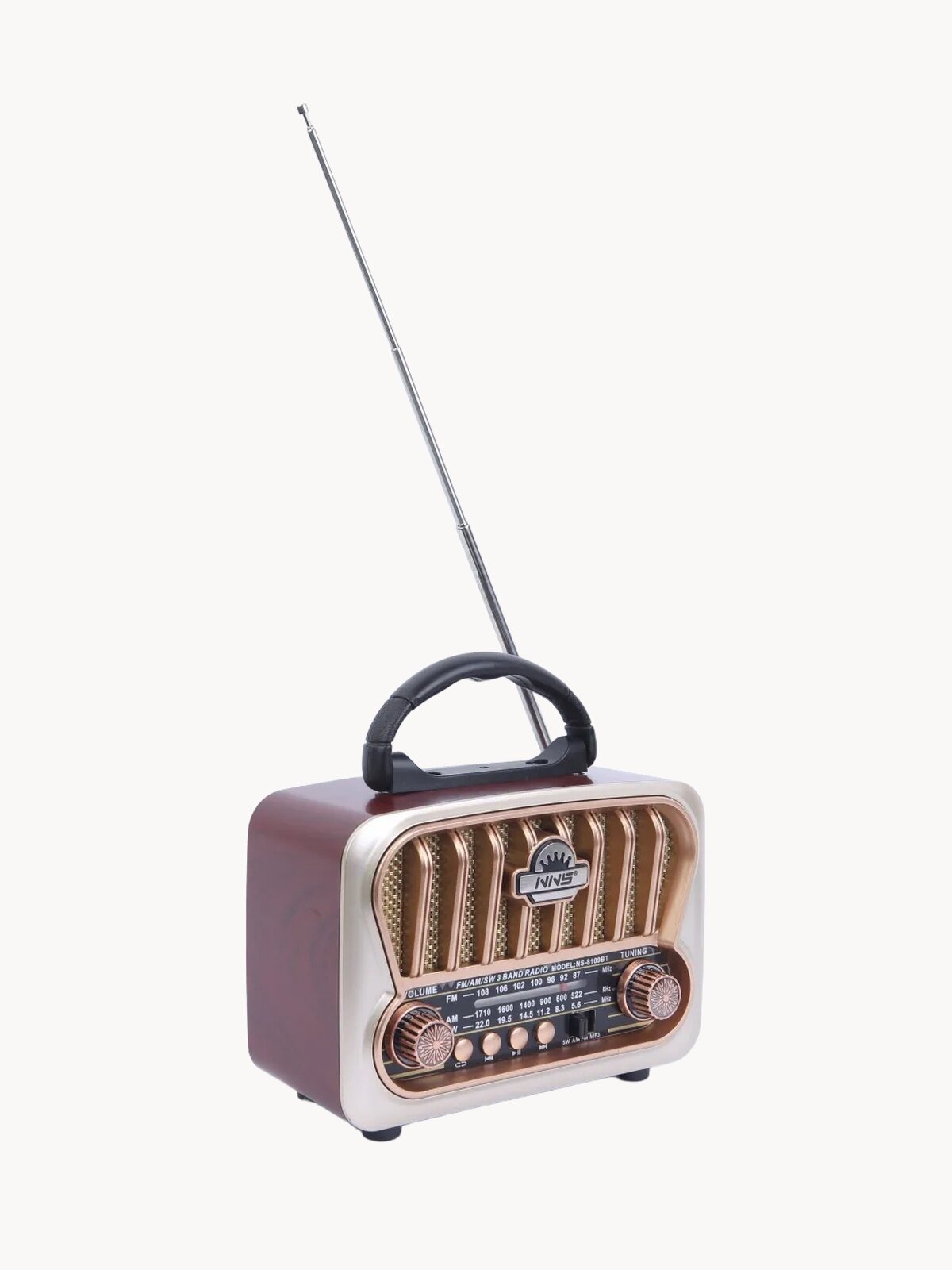 Радиоприемник ретро от сети и батареек, портативный серо-золотой