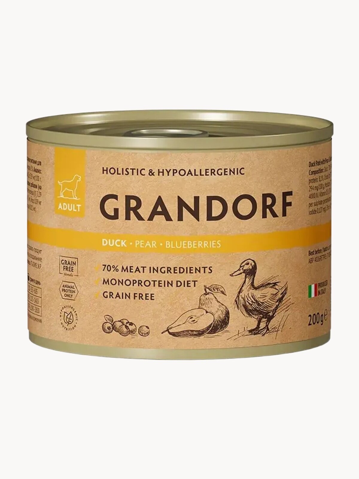Влажный корм Grandorf монопротеиновый паштет для взрослых собак всех пород Утка, груша, черника, 200 г.