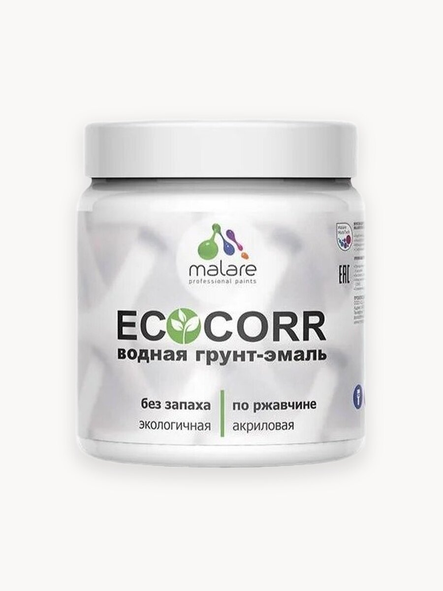 Грунт-Эмаль 3 в 1 по ржавчине Malare EcoCorr/ краска по металлу антикоррозионная/ для металлических поверхностей, акриловая быстросохнущая без запаха, матовая, белая, 0,5 кг