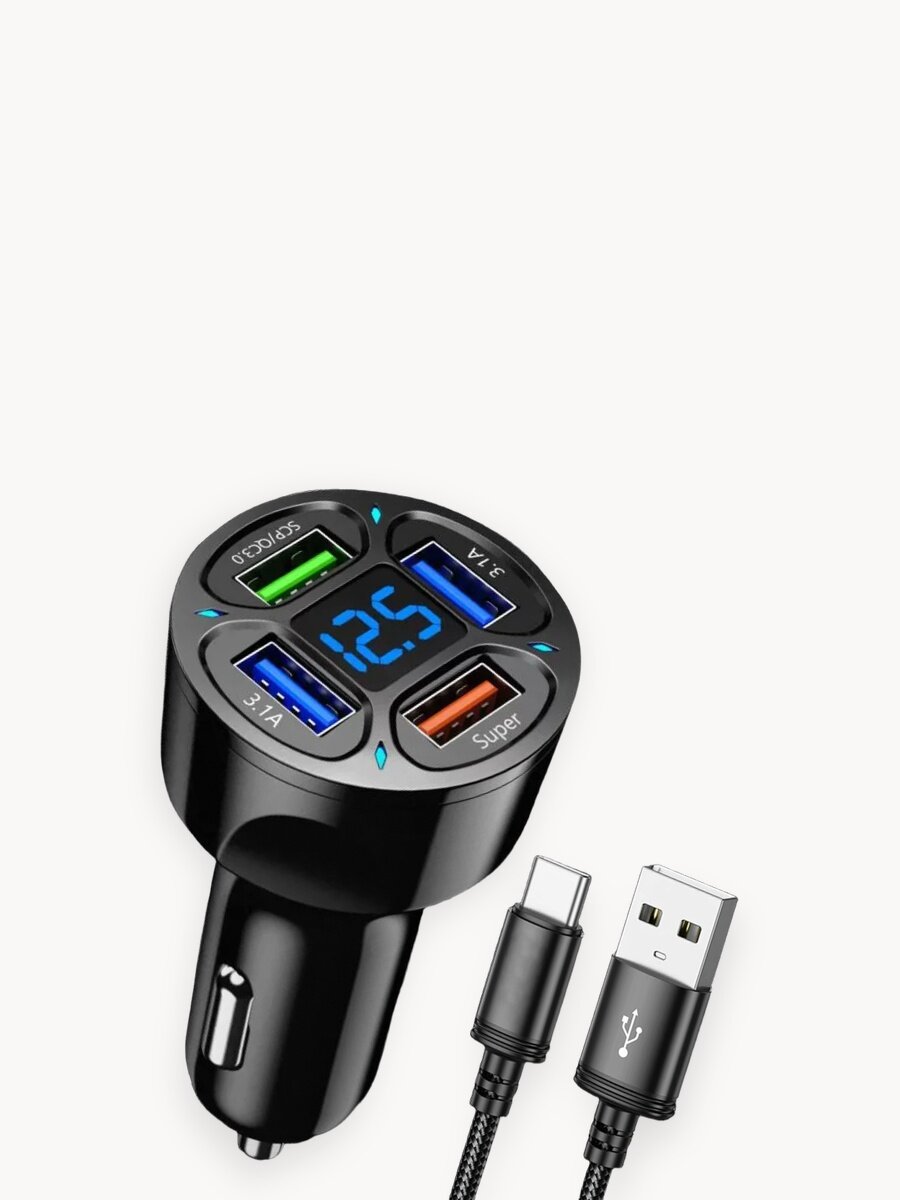 Автомобильное зарядное устройство для телефона 4USB AlisaFox с вольтметром быстрая зарядка Кабель USB Type c
