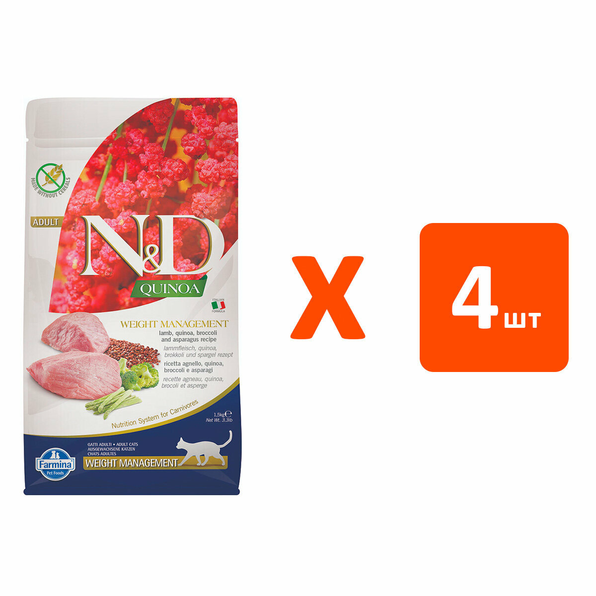 FARMINA CAT N&D GRAIN FREE QUINOA WEIGHT MANAGEMENT LAMB беззерновой диетический для взрослых кошек с ягненком и киноа (1,5 кг х 4 шт)