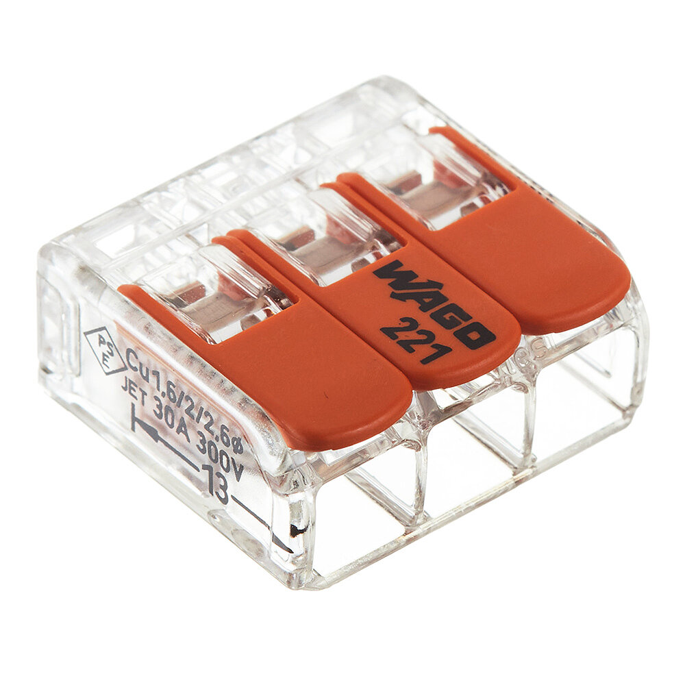 Клемма на 3 провода Wago 221-613 0,5-6 кв. мм с рычажками без пасты (20 шт.) (УТ-0318416/604422)