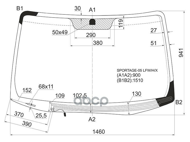 Стекло лобовое (Обогрев щеток) Kia Sportage 06-10 XYG арт. SPORTAGE-05 LFW/H/X