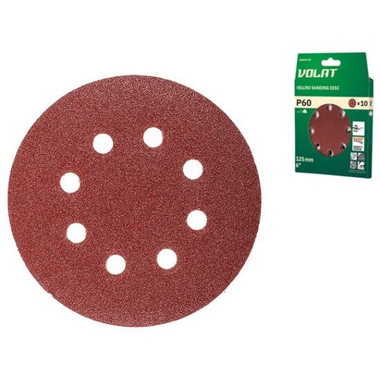 Волат Шлифлист 125мм круг Р 60 д/дерева 8 отв. 10шт. (круг абразивный шлифовальный перфорированный) (80010-60)