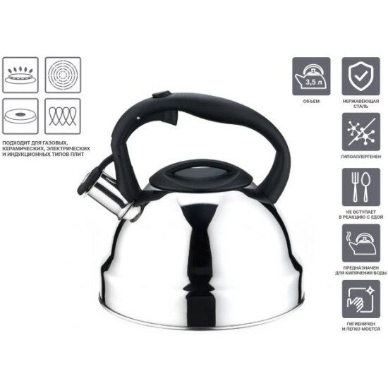 Perfecto Linea Чайник со свистком, нержавеющая сталь, 3.5 л, Rich Camomile, (Диаметр 22 см, высота 23,5 см, общий объем изделия 3,5 л.) (52-335002)