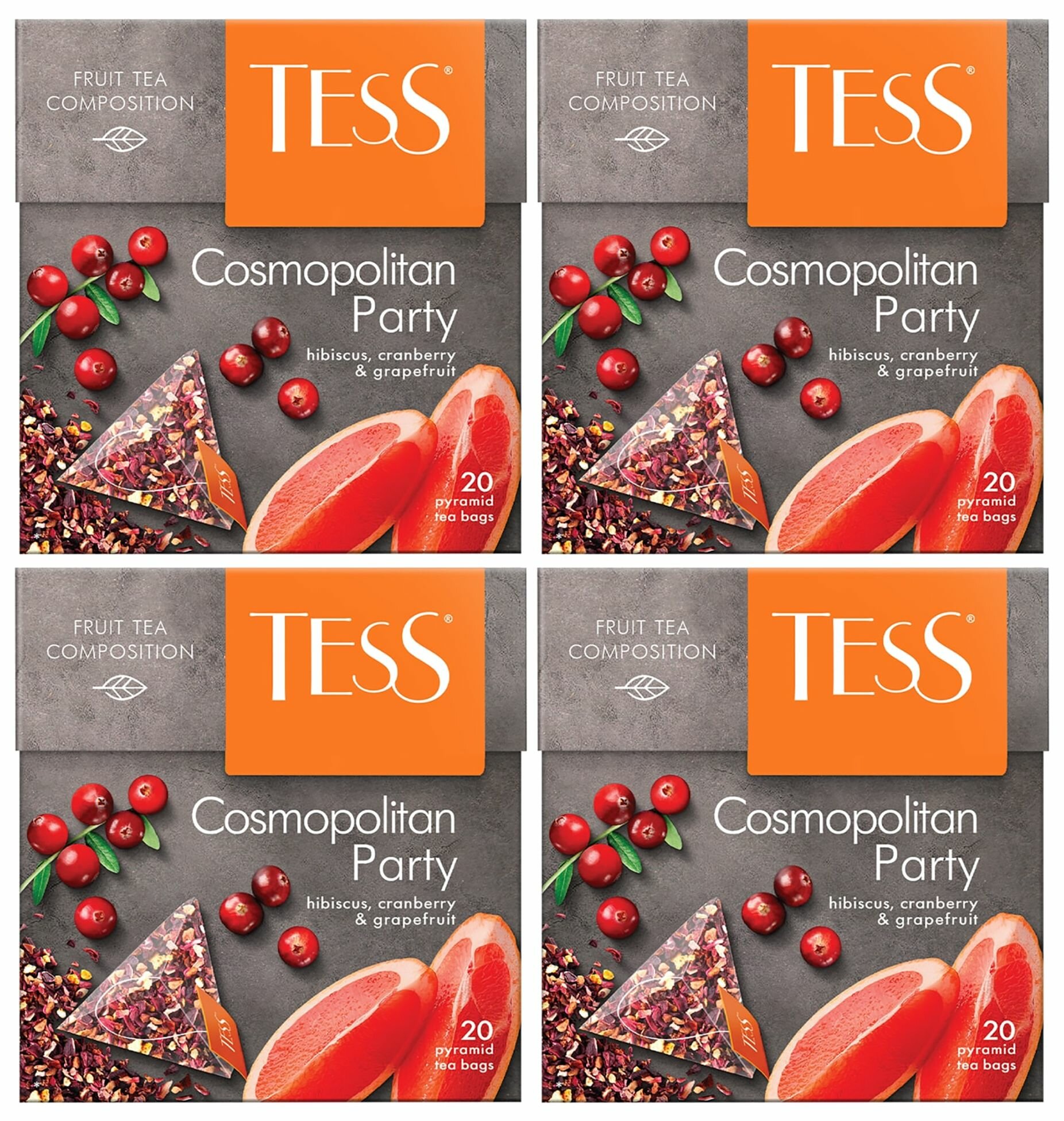 Чайный напиток в пирамидках Tess Cosmopolitan Party, 20 пакетиков х 4шт. Клюква и грейпфрут