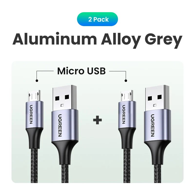 Кабель Ugreen Micro USB 2A, нейлоновый, для быстрой зарядки, USB-кабель для 3m, 2 Pack Micro USB