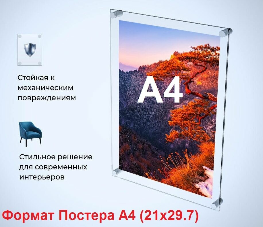 Акриловая безбагетная рамка на дистанционных держателях А4+ (27*35 см)