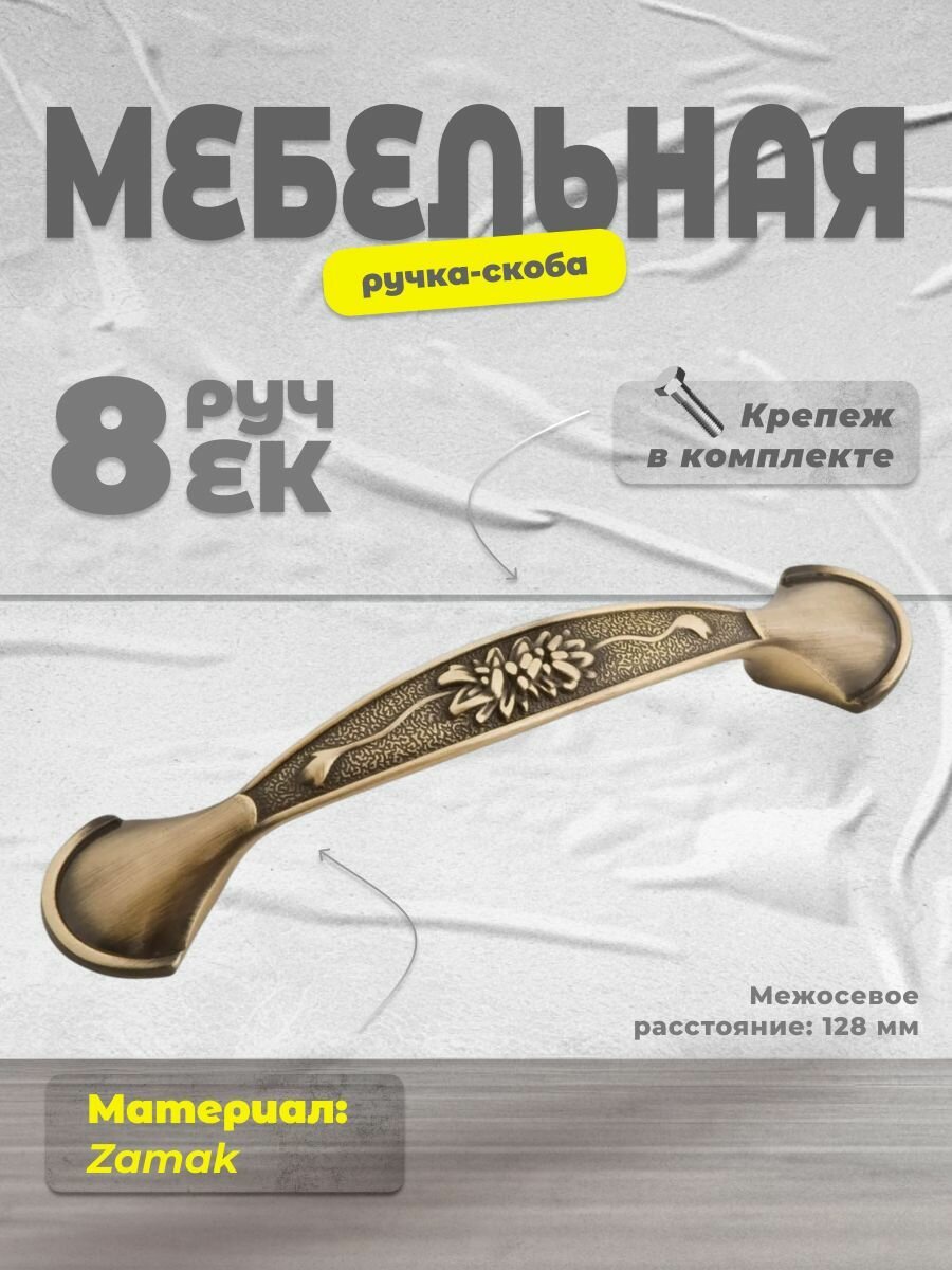 Ручка скоба мебельная BRANTE 06 BА 128 мм бронза, комплект 8 шт, ручка для шкафов и комодов, для кухонного гарнитура, для мебели