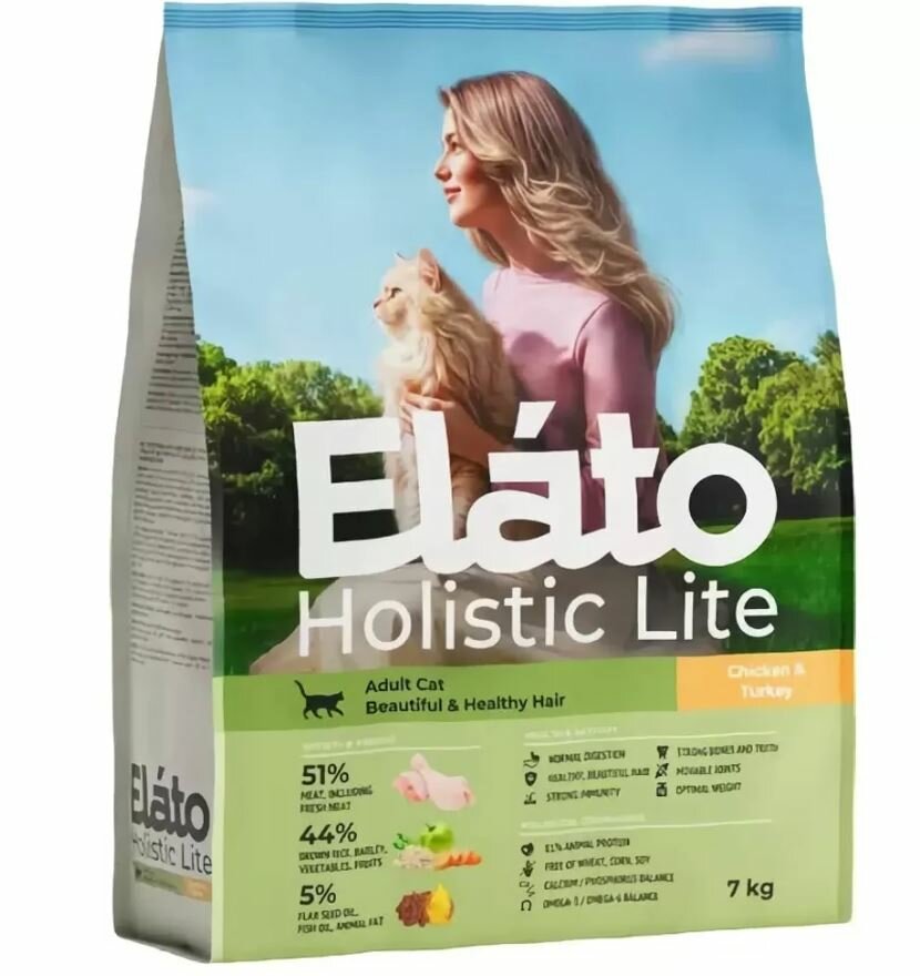 Elato_ Сухой корм Elato Holistic Lite для кошек с курицей и индейкой, 7кг 7 кг