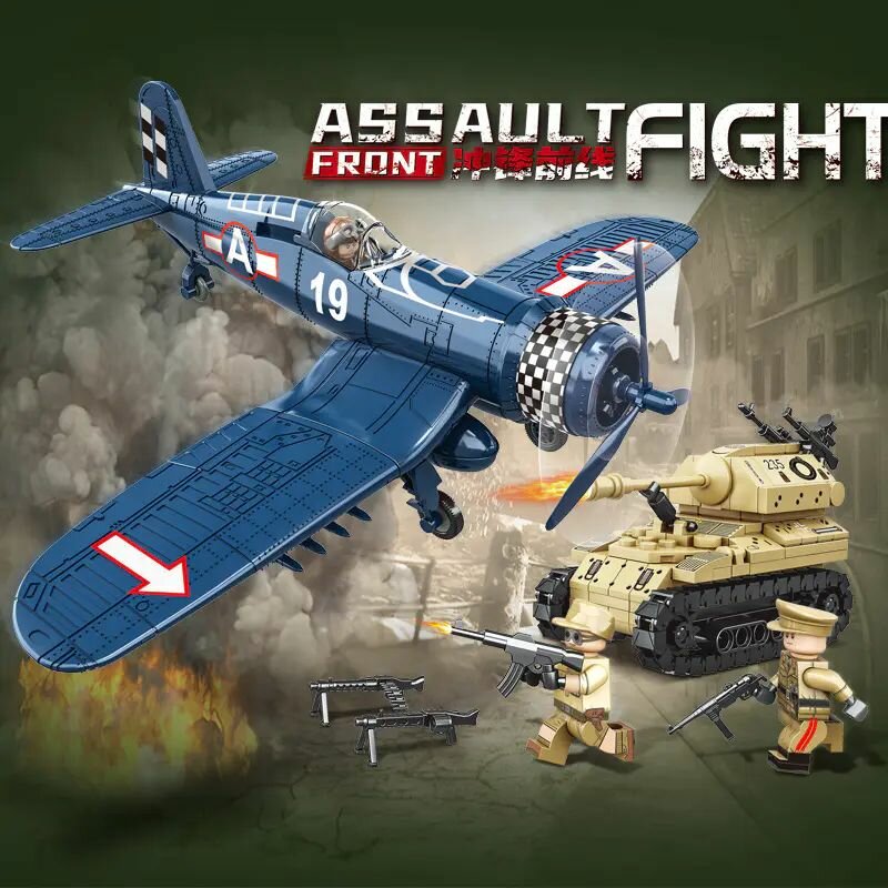 Конструктор Немецкий танк Elephant и истребитель США F4U-1D Corsair, 618 деталей, 3 минифигурки