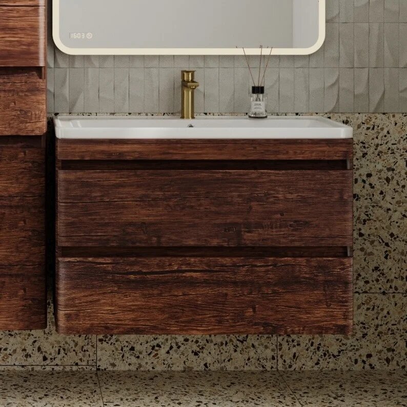 Тумба с раковиной Style Line Атлантика 90 подвесная, 90 см, темное дерево, матовая, из МДФ, с ящиками, раковина для ванной из искусственного мрамора, прямоугольная, лофт