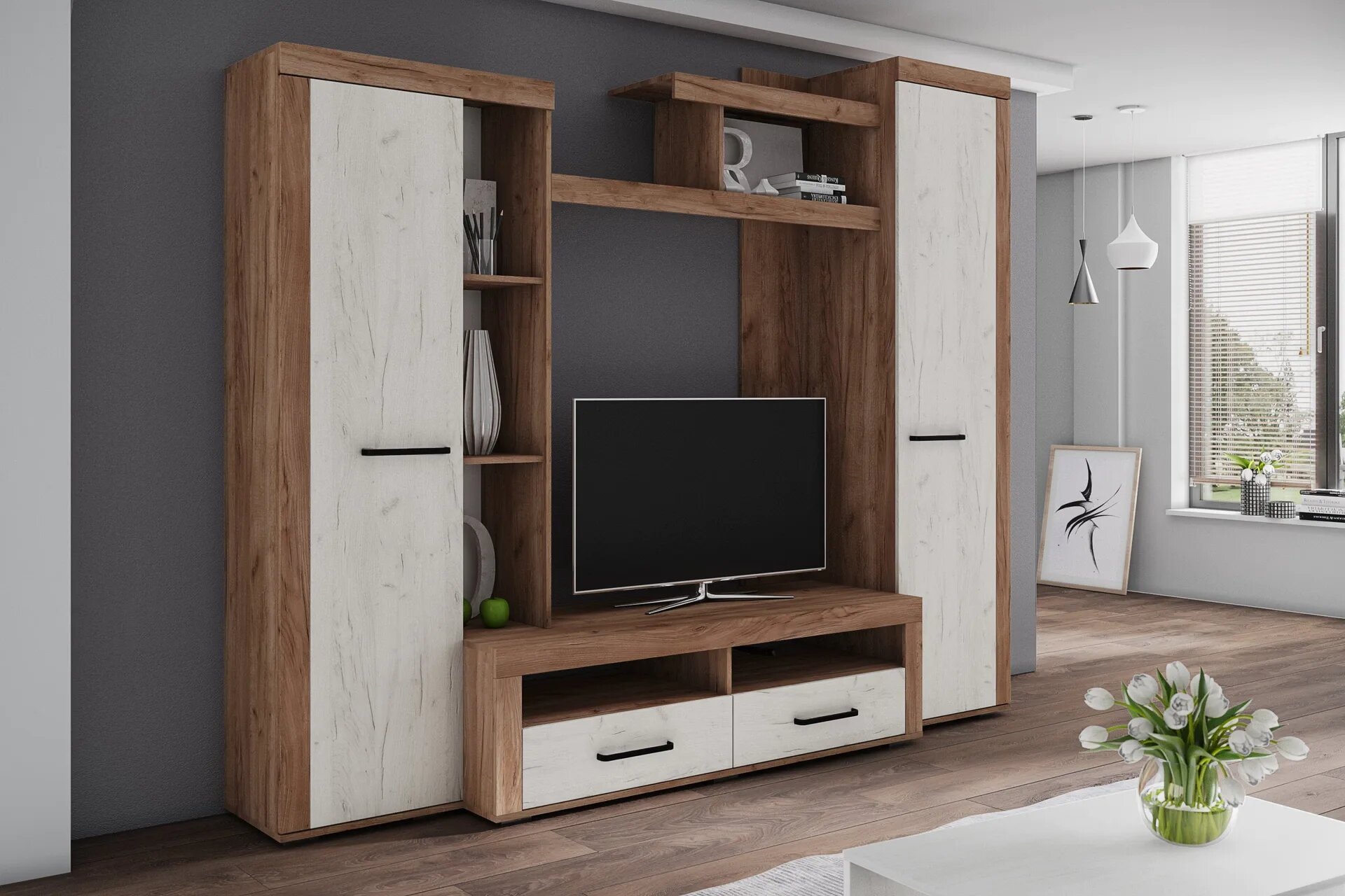 Гостиная «Марсель-4», дуб крафт табачный/дуб крафт белый (2480х514х2108)