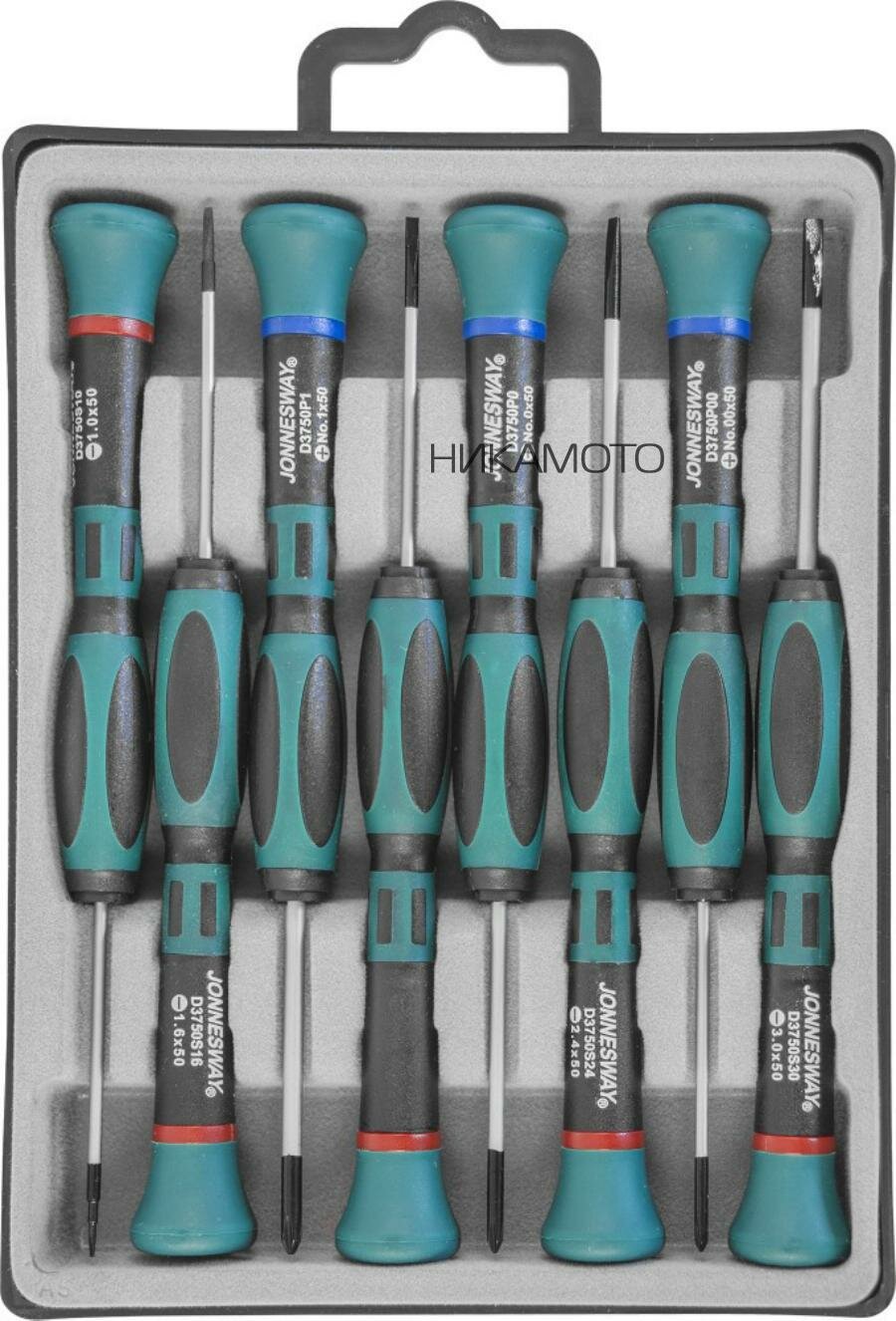 JONNESWAY D3750P08S Набор отверток для точной механики 50 мм шлиц 1.0-3.0 и крест PH#0.00-1. 8 предметов. шт. шт. 48654