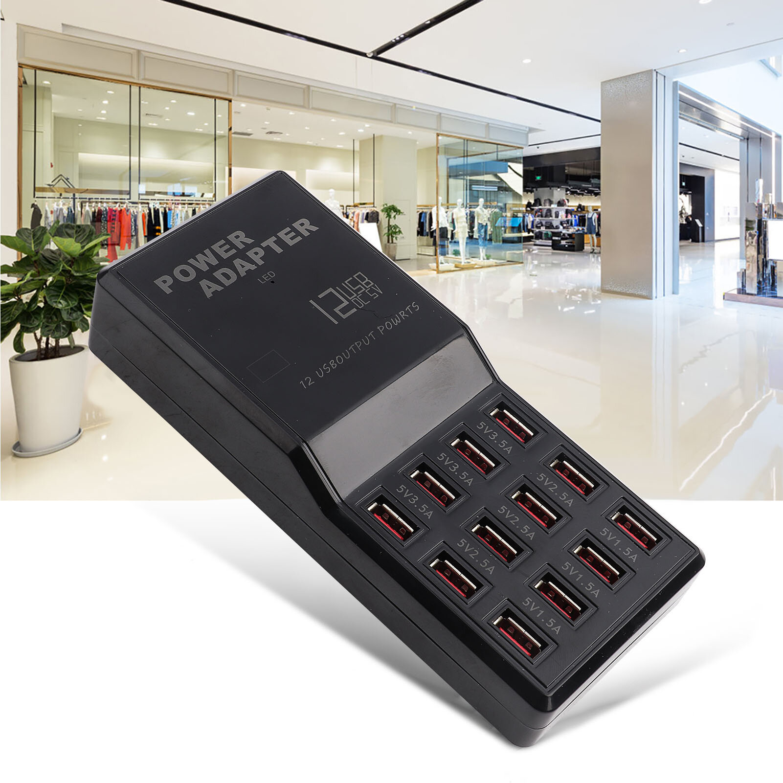 Устройство для зарядки USB 12 портов, мультибыстрый зарядник, хаб для мобильных телефонов и планшетов, черный цвет, материал пластик, тип AC-DC, входящий ток 0.3A (MAX), выходящий ток 5V/12A, интерфейсы 1-4: 3500mAh, интерфейсы 5-8: 2500mAh, интерфейсы
