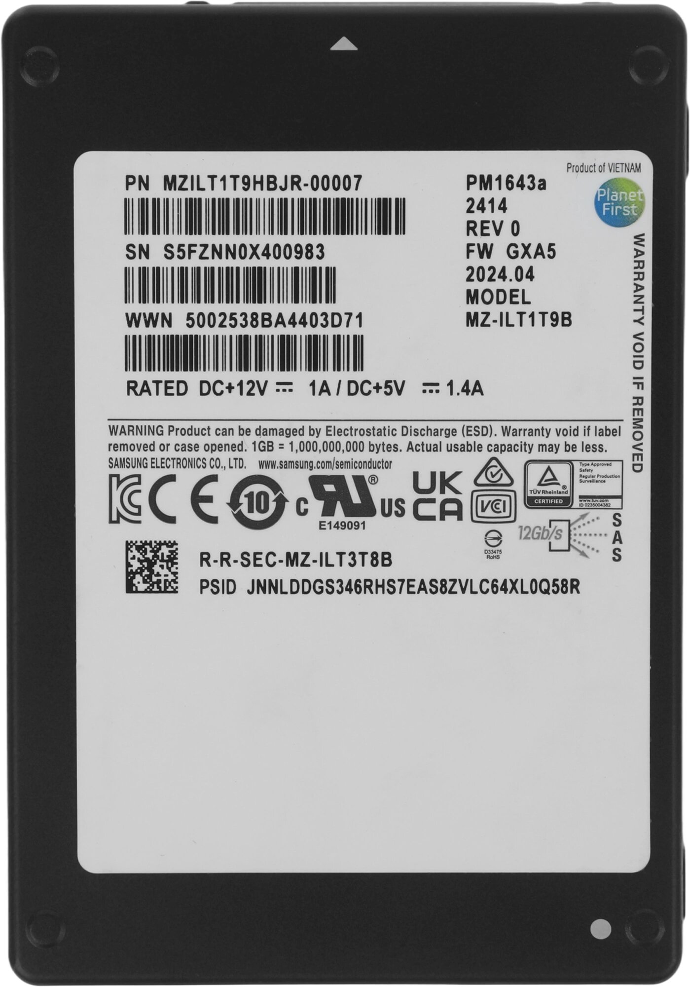 SSD накопитель Samsung PM1643a MZILT1T9HBJR-00007 1.9ТБ, 2.5", SAS