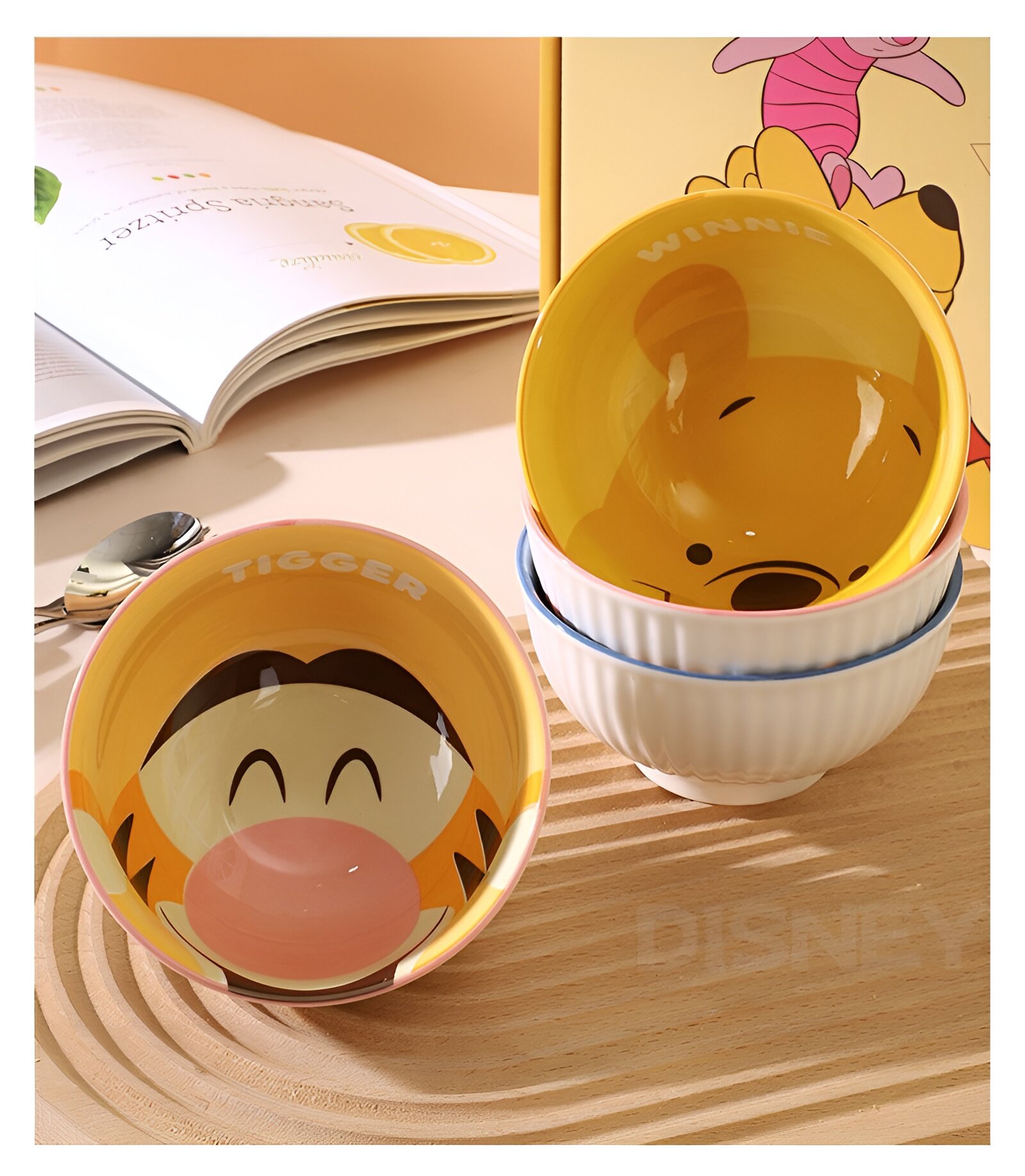 Набор мисок Disney "Винни-Пух", фарфор, для СВЧ, голубой, розовый, желтый, оранжевый, белый