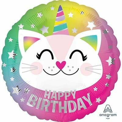 Воздушный шар фольгированный ANAGRAM круглый, с рисунком, 18", Happy Birthday, Кот-Единорог