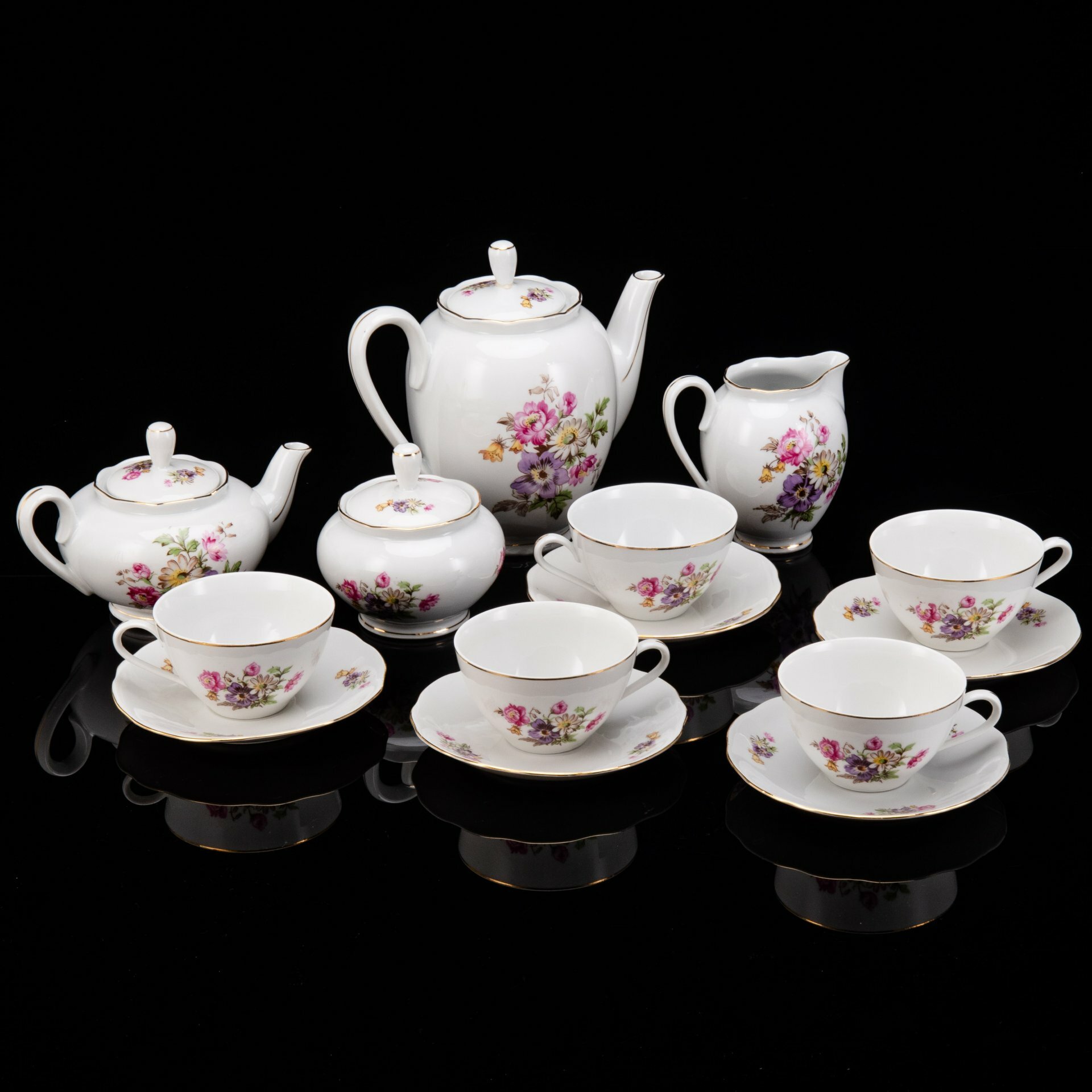 Сервиз чайный с цветочным декором на 5 персон (14 предметов), фарфор, деколь
