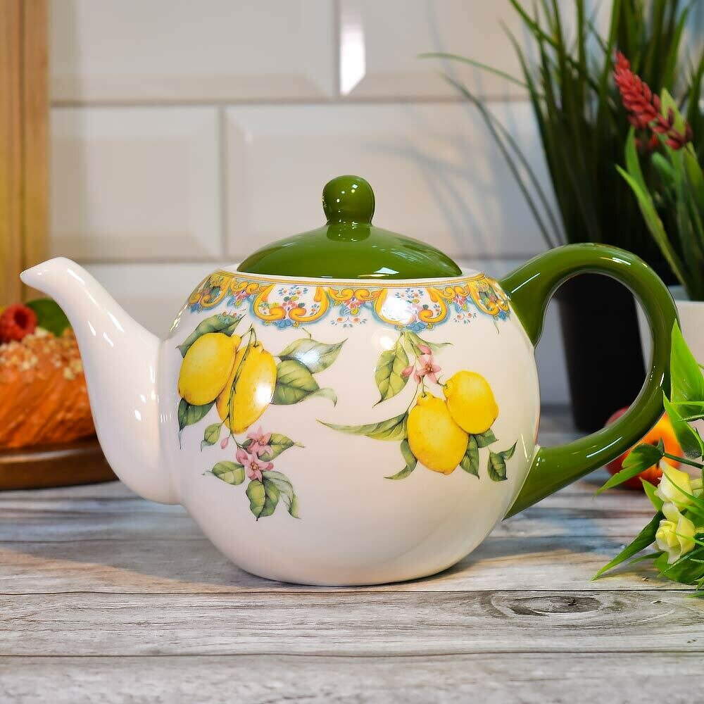 Чайник заварочный 0,73л из керамики «Принц Лимон», декоративный, чистая белая поверхность с лимонами и цветами