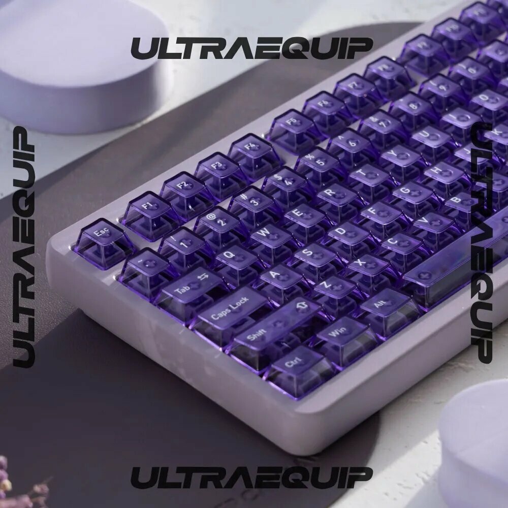 Кейкапы для механической клавиатуры - ULTRAEQUIP Набор "Фиолетовый Кристалл": 115шт, Фиолетовые Кристаллические, Матовые Полупрозрачные, Профиль Cherry, 4-Боковая Высокая Прозрачность, для MX Switch