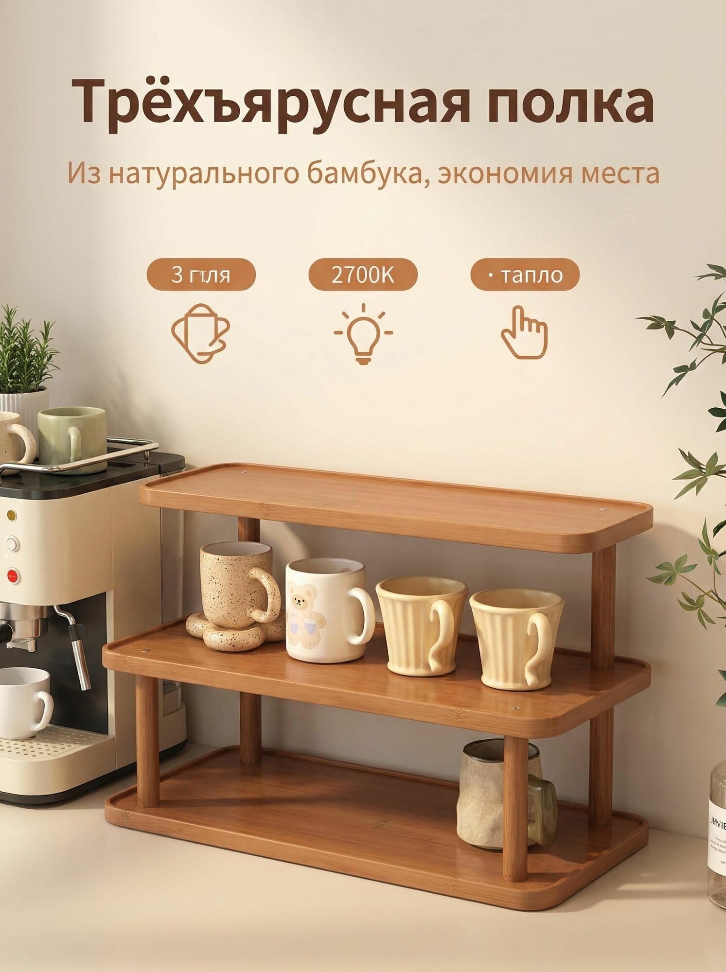 Полка для чайных принадлежностей настольная: подставка для чашек, чайника, стаканов с защитой от пыли (маленькая этажерка для чайного стола)