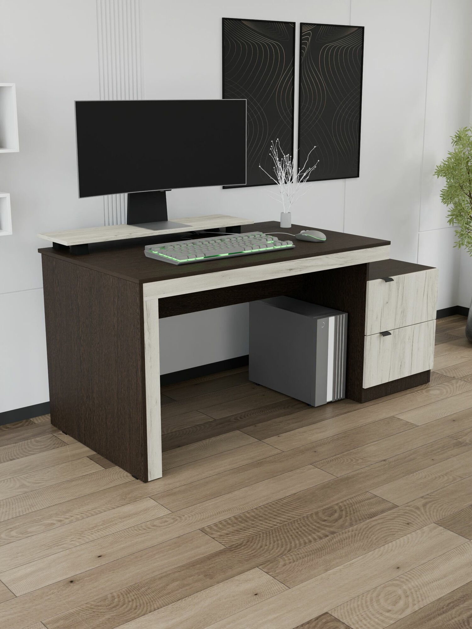 Изумлит Стол компьютерный для офиса и дома Вертикаль Компакт Лайт 165х73х74.5 см, тумба справа, венге-дуб крафт белый