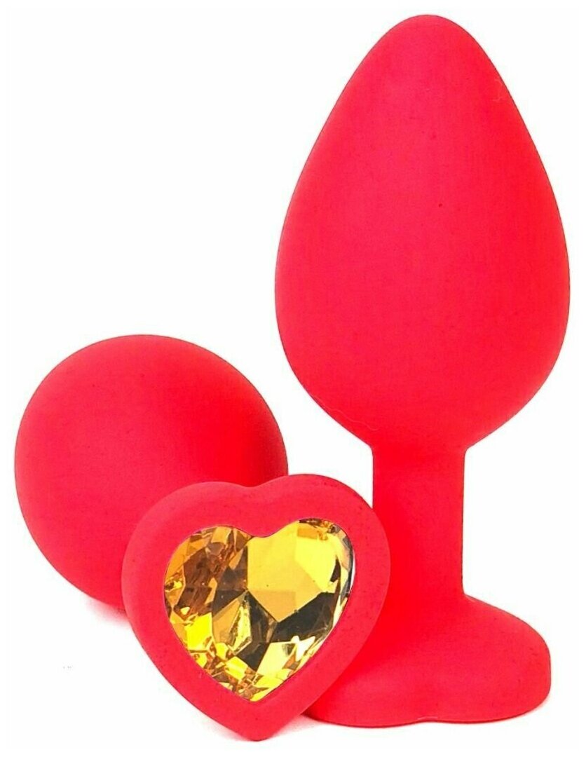 Красная силиконовая анальная пробка с оранжевым стразом-сердцем - 8 см.