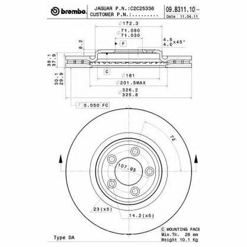 Тормозной диск передний Brembo 09B31111 для Jaguar XF, XJ, XK