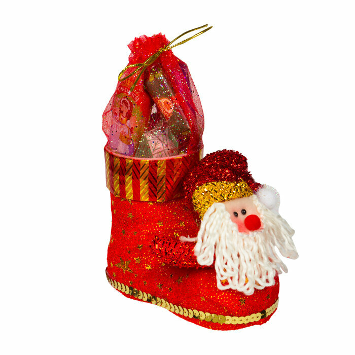 Декоративная новогодняя упаковка из текстильных материалов к 2026 г. "Сапожок с Дедом Морозом малый" арт. NC12-720/1. Вместимость - до 300 г
