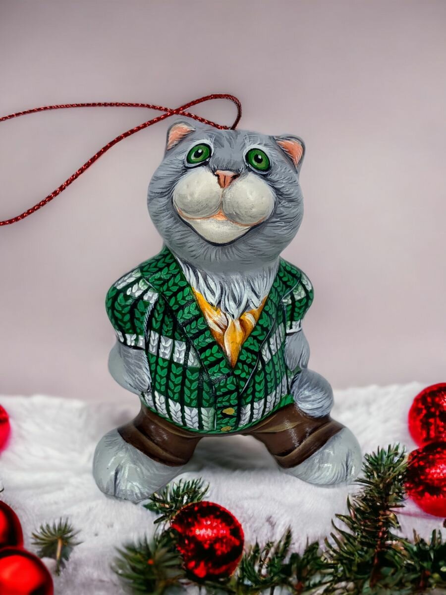 Елочная игрушка/статуэтка "Котик" подарок на Новый год, фарфор, ручная роспись