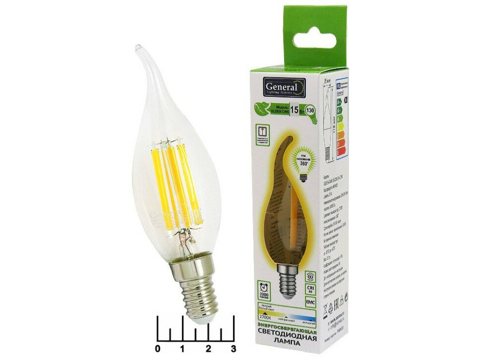 Лампа светодиодная 220V 15W E14 2700K белый теплый свеча прозрачная филаментная General (661425)