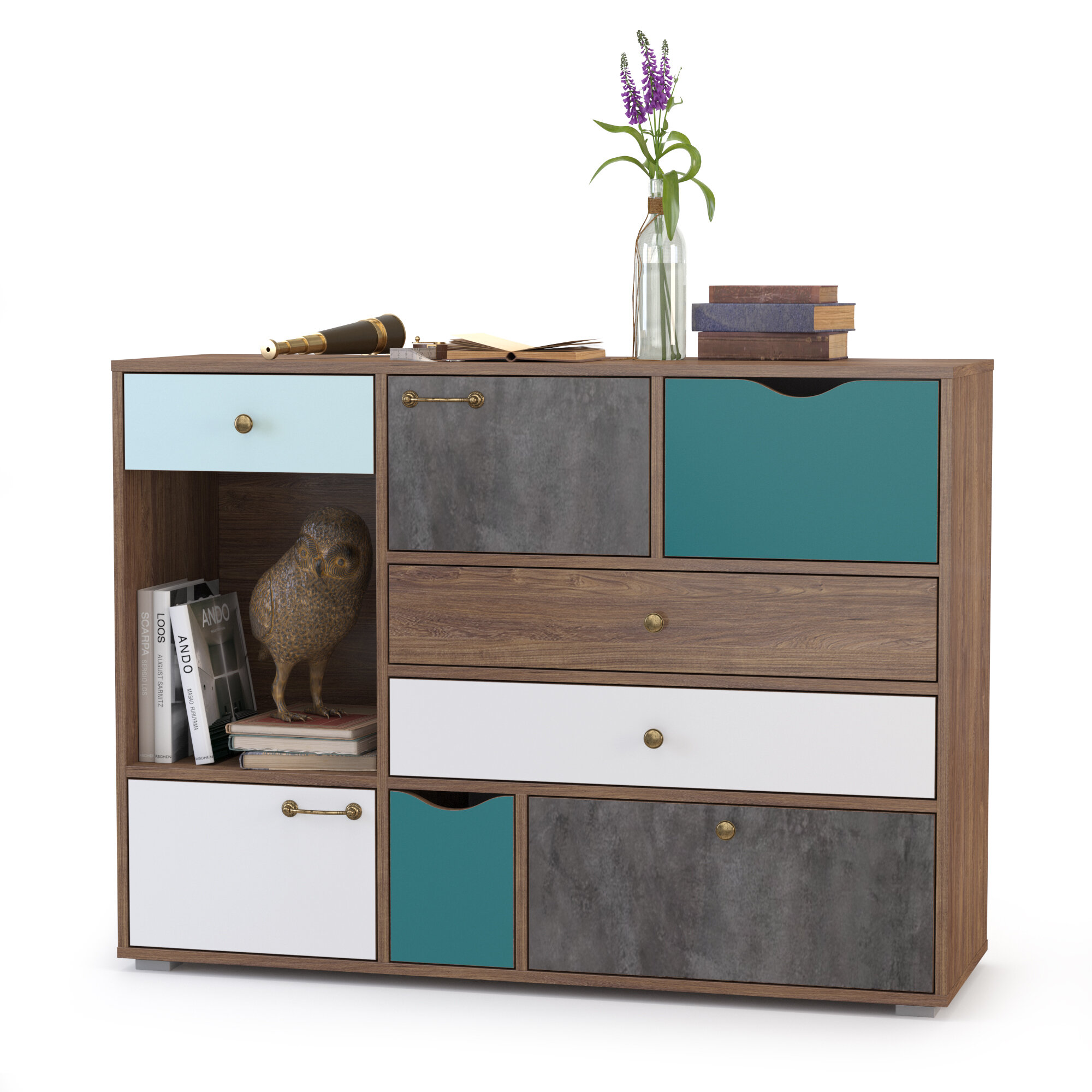 Комод для одежды Mobi Вайс 10.104 с ящиками, 121х40х89 см, цвет морское дерево винтаж/камень тёмный/бензин/мята/белый премиум