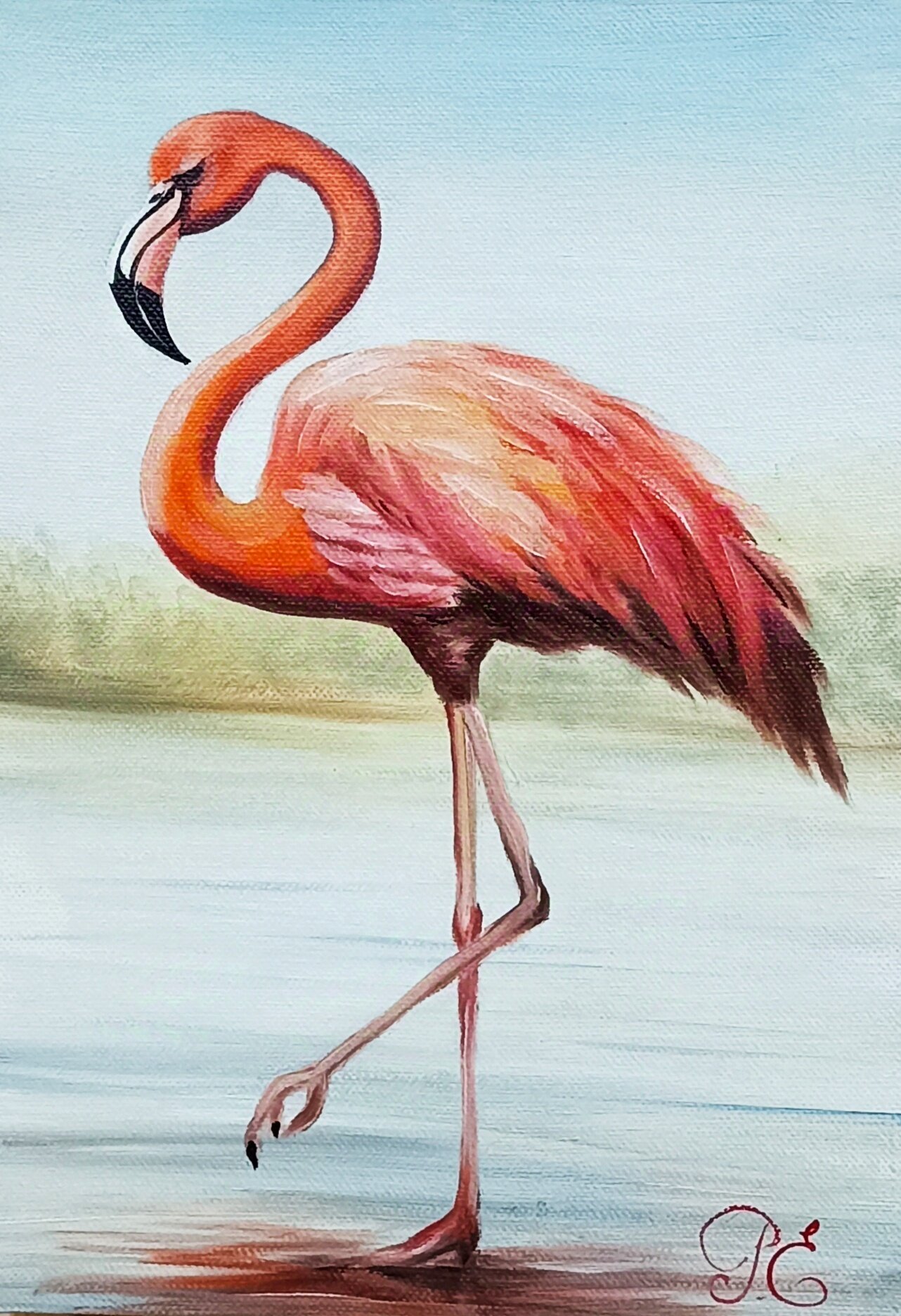Масло/холст. 100% ручная работа, 100% живопись от Художественной мастерской Грëзы. Картина "Розовый Фламинго" из серии "Мир Фауны". Картина написана в технике Лейденский школы Голландской живописи (гладко, не мазками). 20х30 см